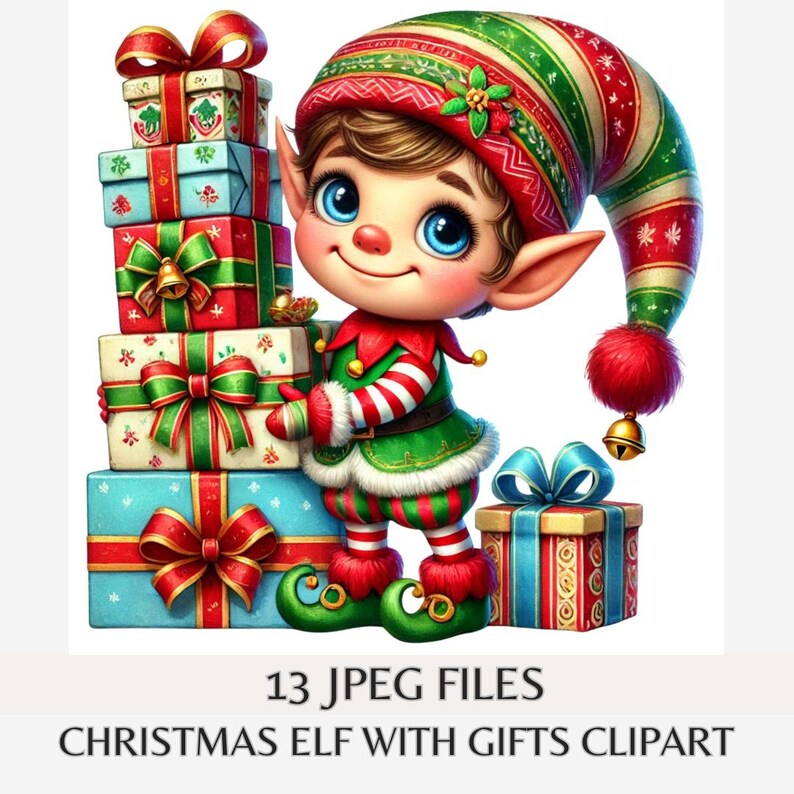 Christmas Elf With Gifts Clipart, 13 JPG Files, Santa's Helper Clip Art ...