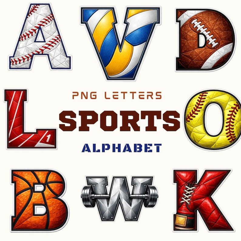 Sports Alphabet Clipart PNG Bundle, Athletic Letters A-Z, Sports Font ...