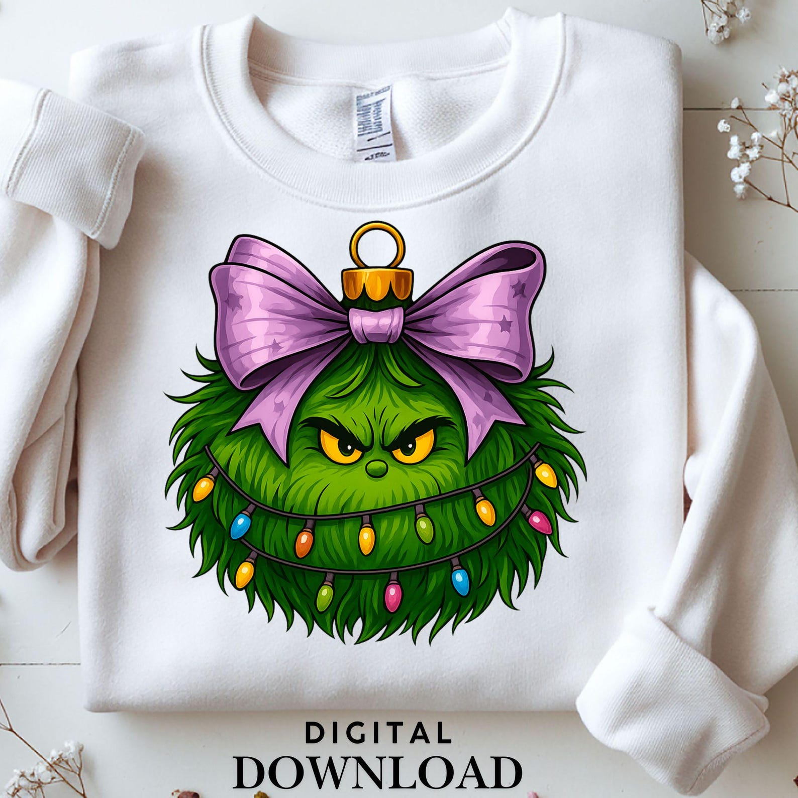 Grumpy Christmas Ornament PNG – Funny Green Face With Lights & Purple ...