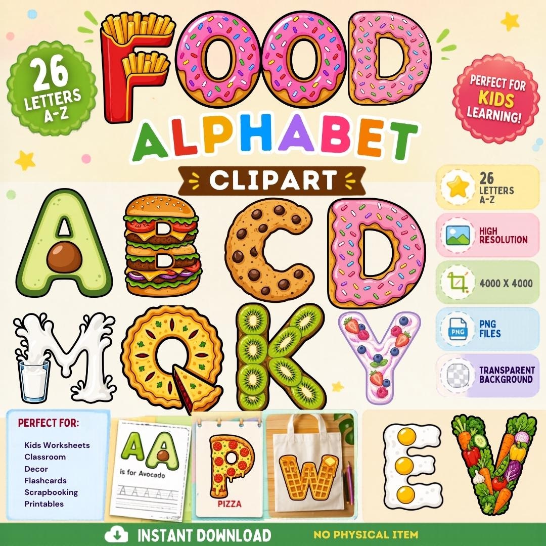 Food Alphabet Clipart PNG (A–Z) – Kids Learning ABC Letters, Cute Food ...