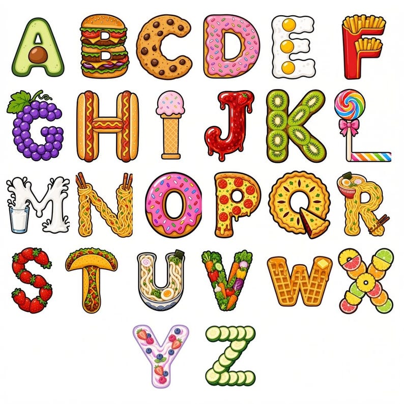 Food Alphabet Clipart PNG (A–Z) – Kids Learning ABC Letters, Cute Food ...