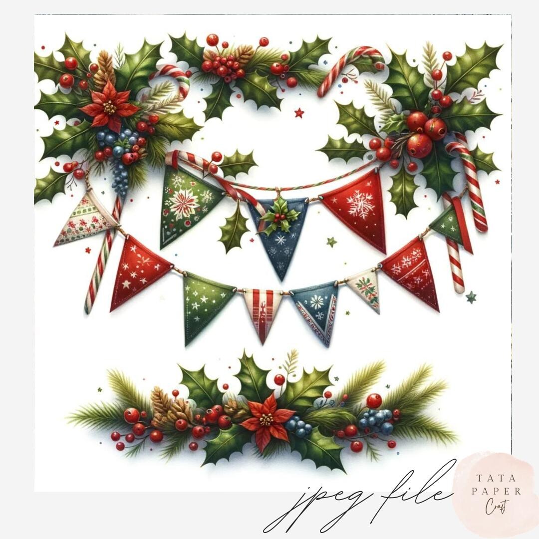 Watercolor Christmas Bunting Clipart Bundle | Festive Pennant Garland ...