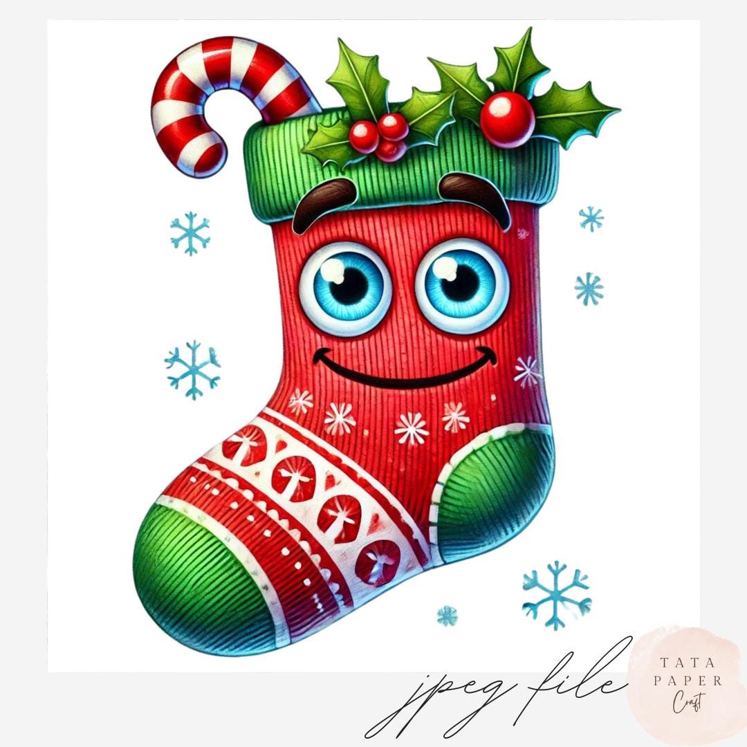 Smiling Holiday Socks Clipart, Whimsical Christmas Stockings for Cards ...