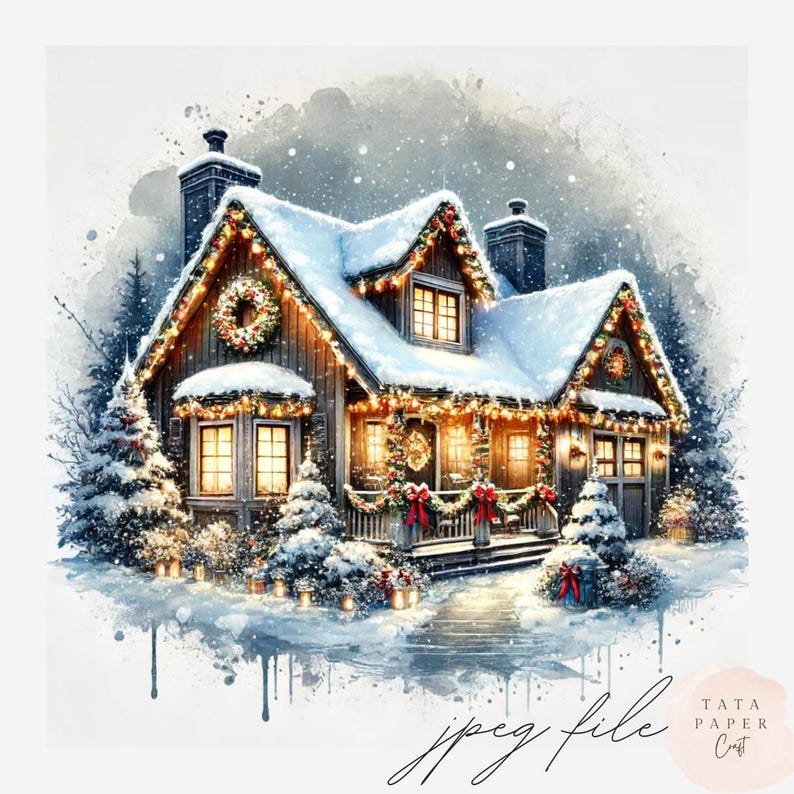 Watercolor Christmas House Clipart Bundle | Snowy Cottage Lights Jpgs ...