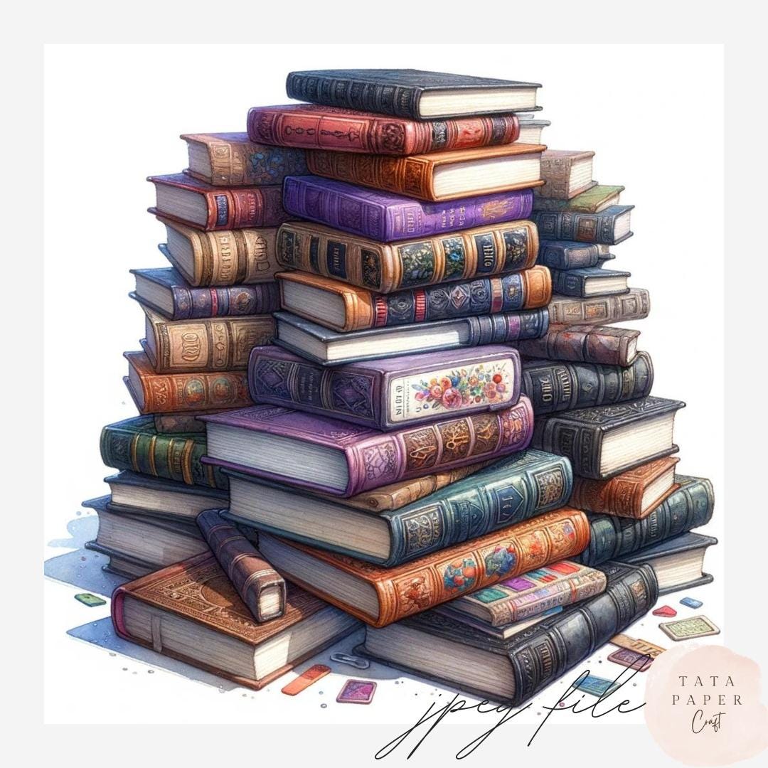 Vintage Stack of Books Clipart | 12 JPEG Files | Watercolor Book Stack ...