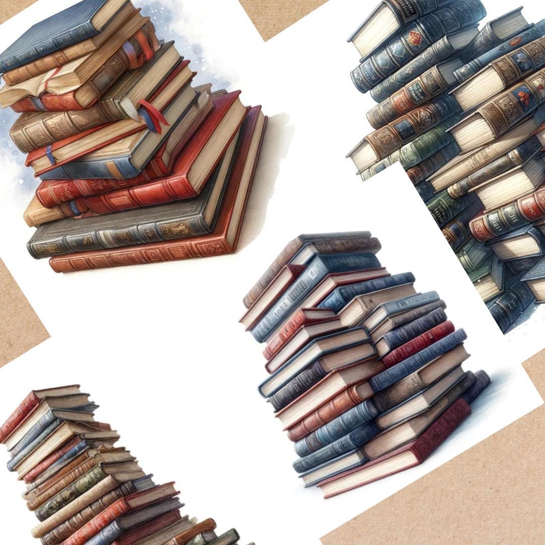 Vintage Stack of Books Clipart | 12 JPEG Files | Watercolor Book Stack ...