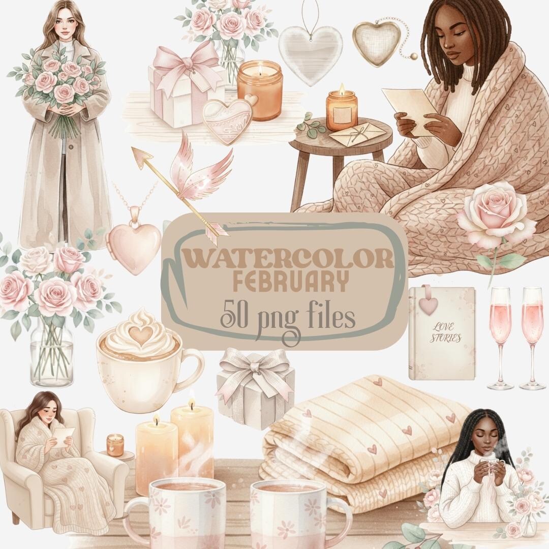 Watercolor February Clipart Bundle | 50 Cozy PNG Files | Valentine’s ...