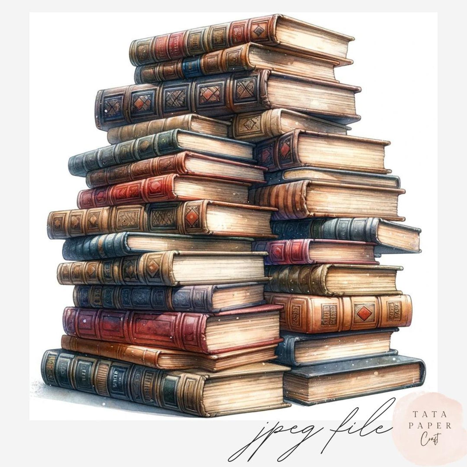 Vintage Stack of Books Clipart | 12 JPEG Files | Watercolor Book Stack ...