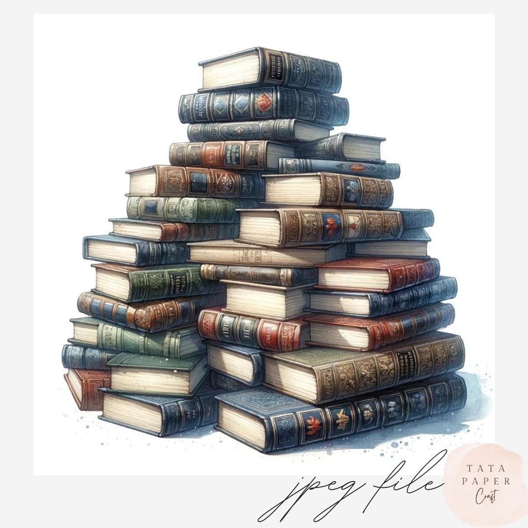 Vintage Stack of Books Clipart | 12 JPEG Files | Watercolor Book Stack ...