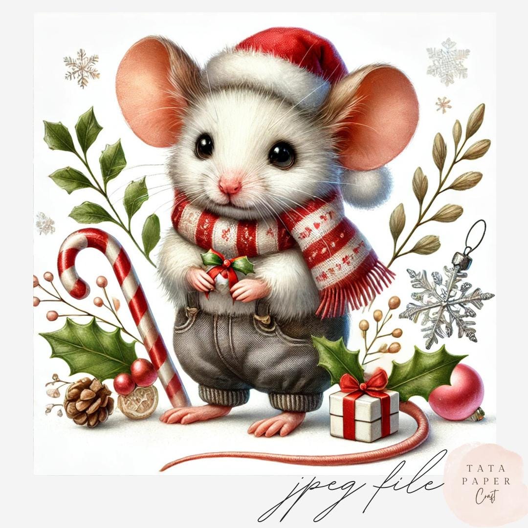 Christmas Mouse Clipart, 12 JPG Files, Cozy Cottagecore Rodent, Holiday ...
