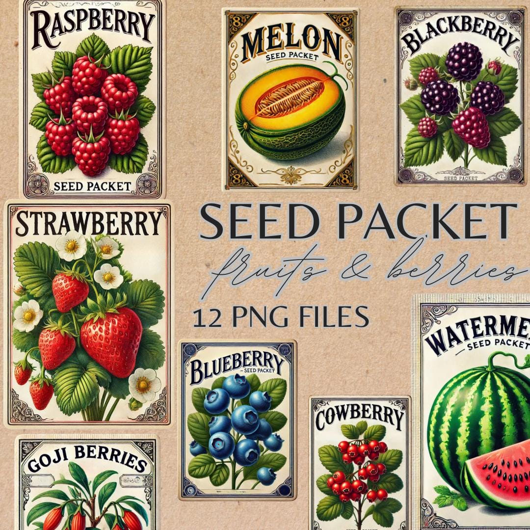 Vintage Fruit & Berry Seed Packet Clipart, Printable Watercolor for ...