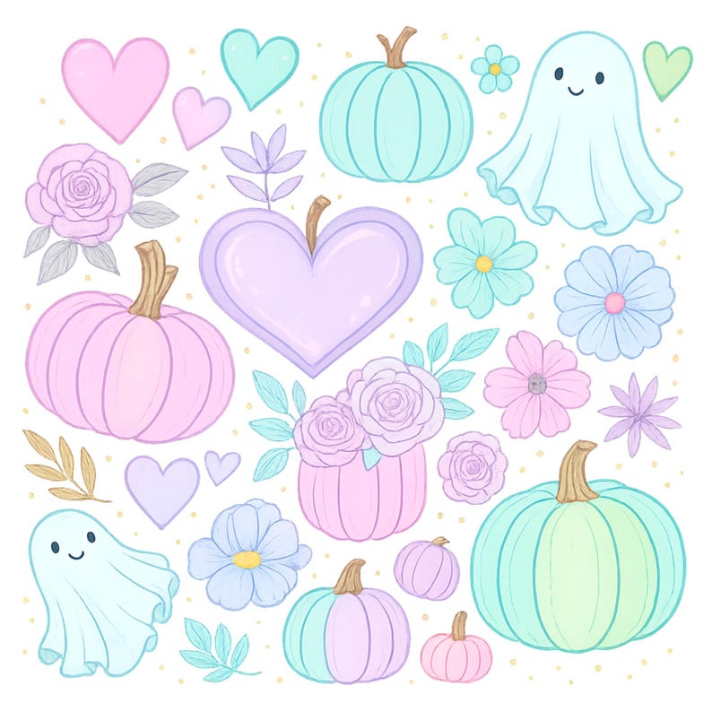 Pastel Halloween PNG Bundle | Cute Ghosts, Pumpkins & Flowers Clipart ...