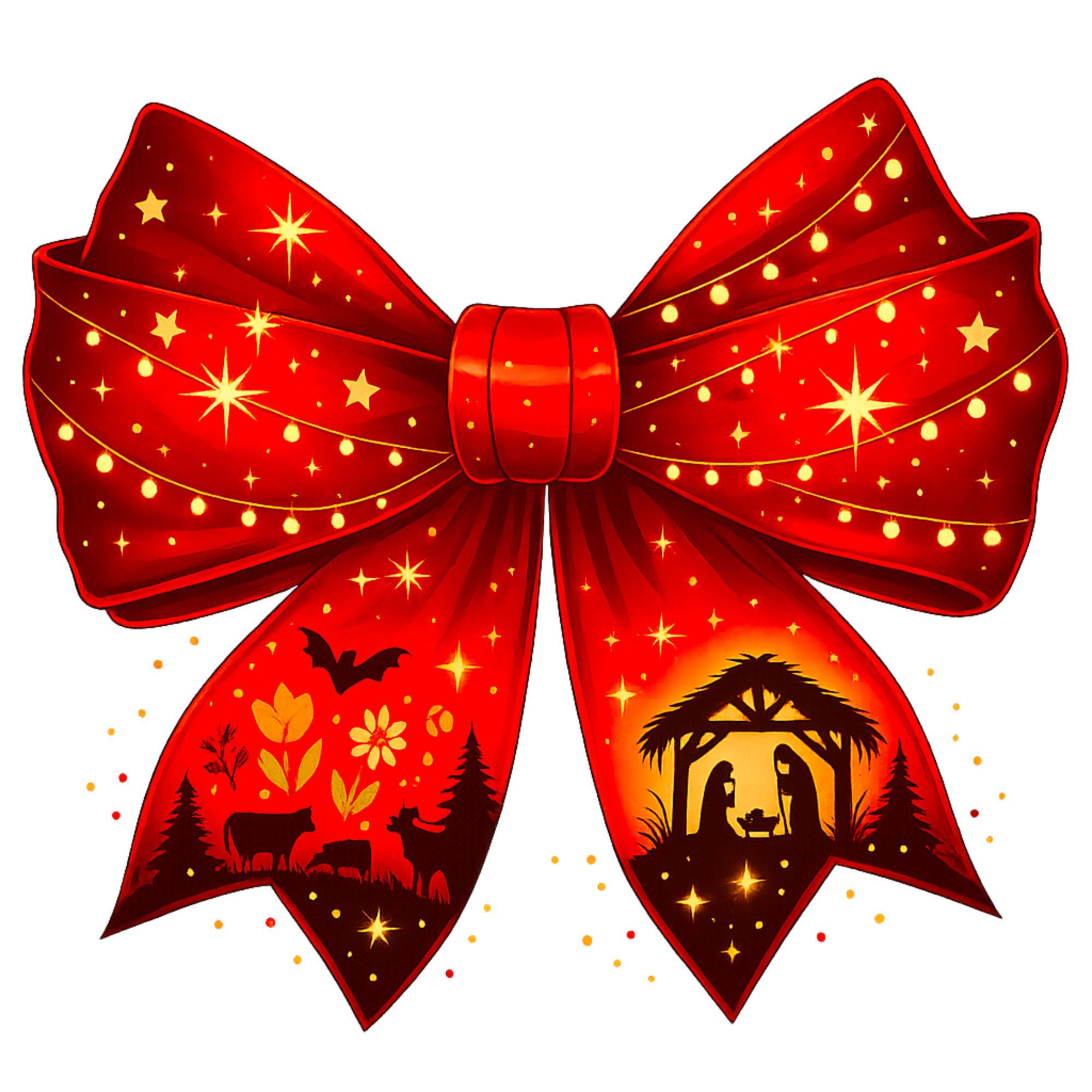 Christmas Nativity Bow PNG, Red Starry Ribbon Clipart With Holy Scene ...