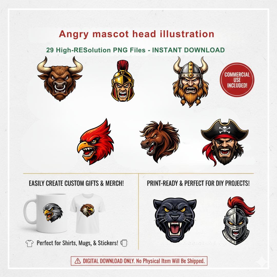 Angry Mascot Head Clipart | 29 PNG Logos + Team Names | Instant ...