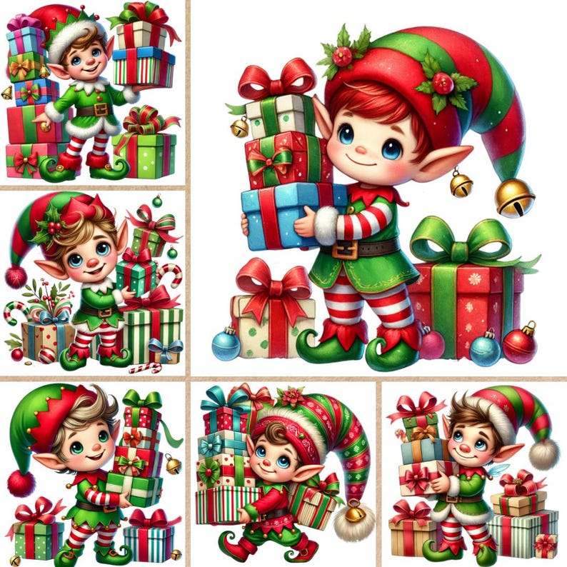 Christmas Elf With Gifts Clipart, 13 JPG Files, Santa's Helper Clip Art ...