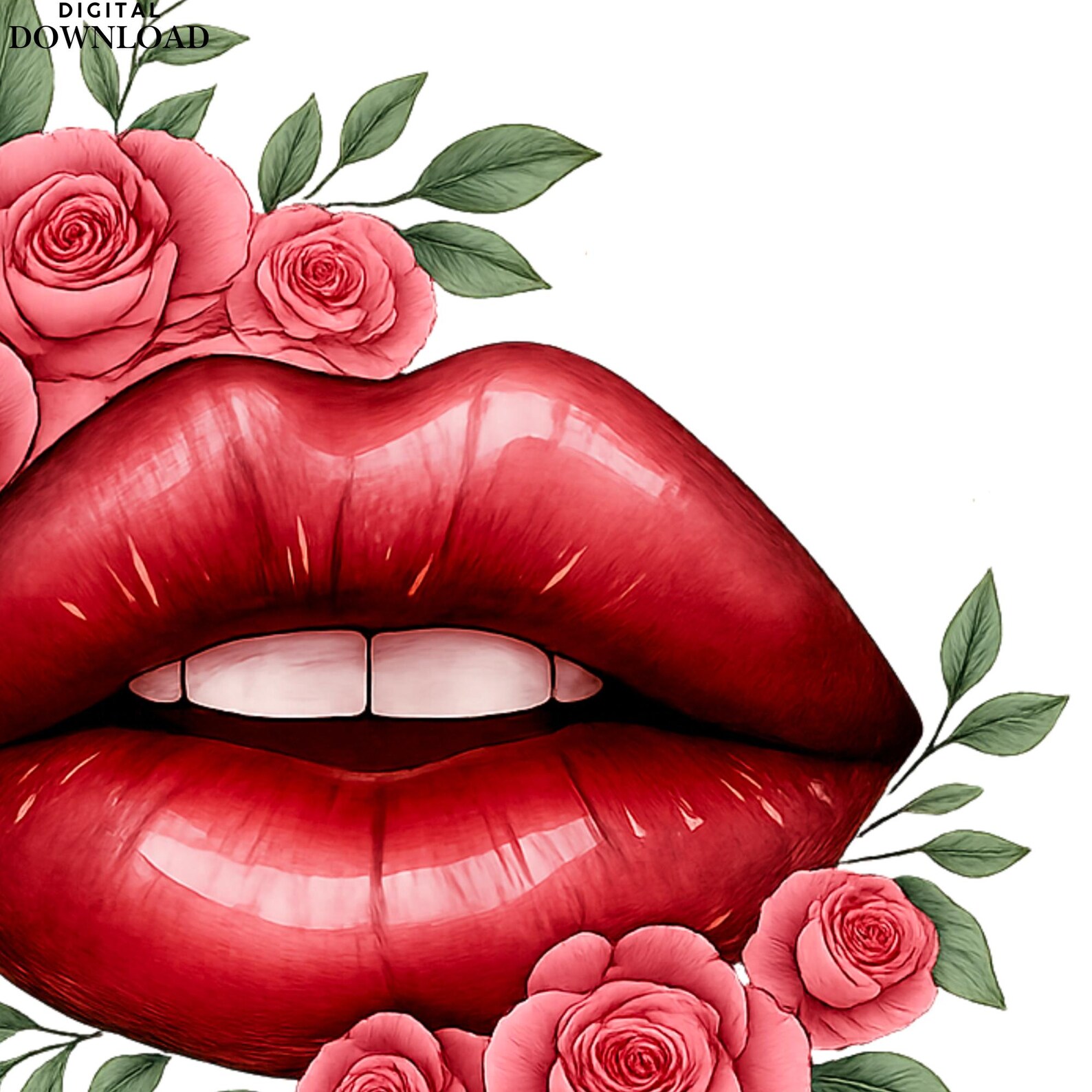 Red Lips With Roses PNG: Glam Valentine's Day Clipart (digital Download ...