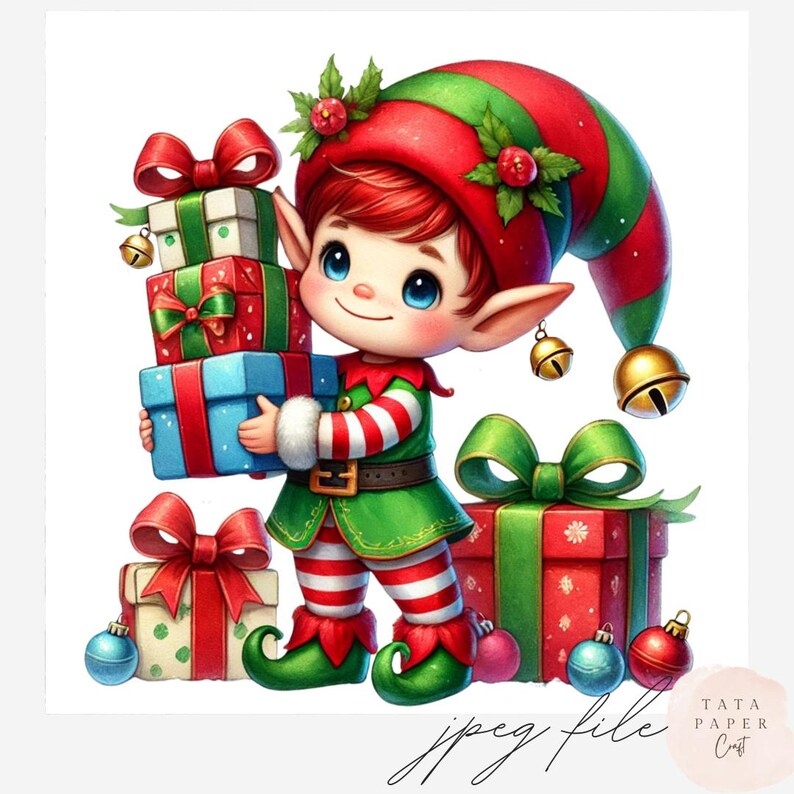 Christmas Elf With Gifts Clipart, 13 JPG Files, Santa's Helper Clip Art ...