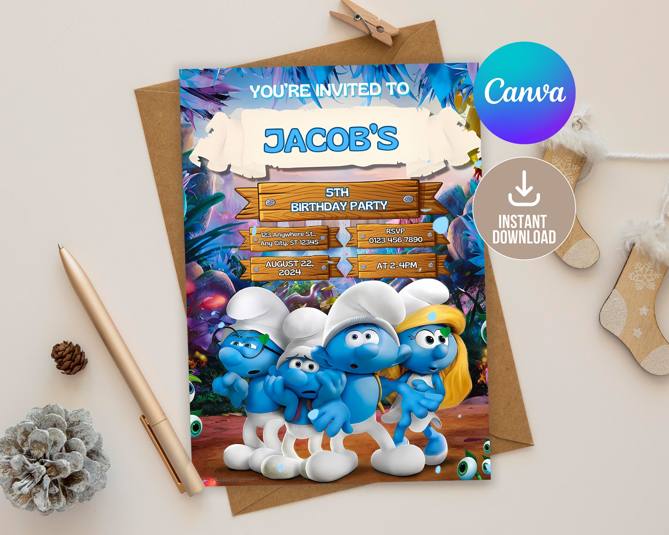 Editable Smurf Birthday Invitation Digital,printable Smurf Birthday ...