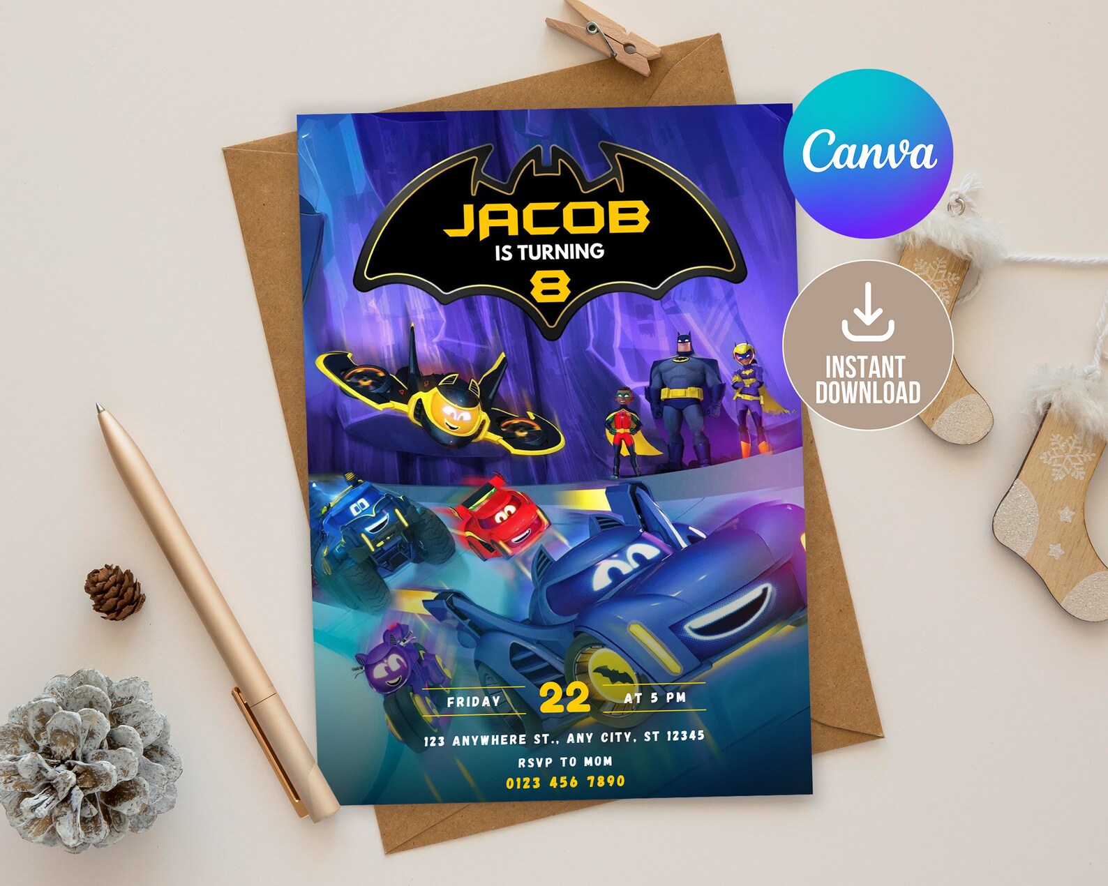 Editable Bat Car Invitation Template, Editable Superhero Birthday ...