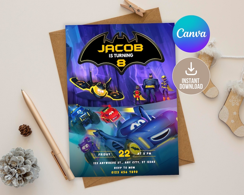 Editable Bat Car Invitation Template, Editable Superhero Birthday ...