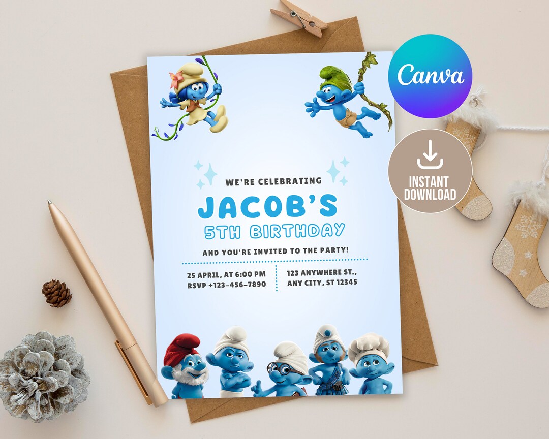 Editable Smurf Birthday Invitation Digital,printable Smurf Birthday ...