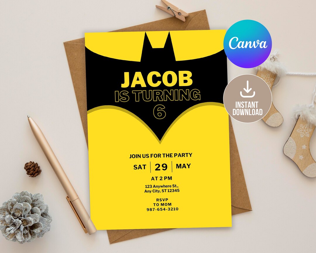 Editable Superhero Invitation Template, Editable Bat Birthday ...