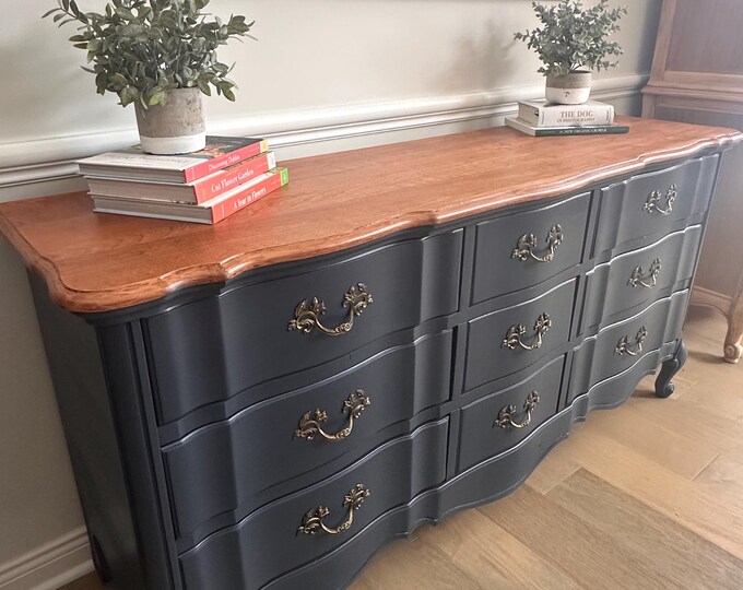 French Provincial Bassett Dresser – Matte Blue With Cherry Top ...