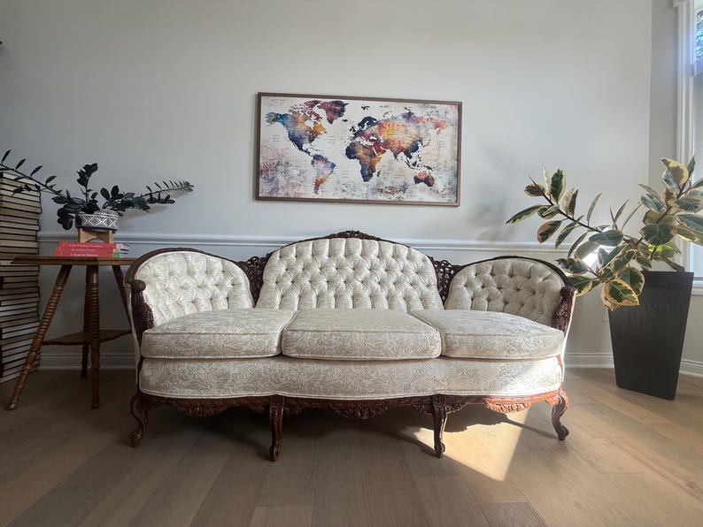 SOLD - Victorian Tufted Antique Sofa | Vintage Settee With Carved Wood ...