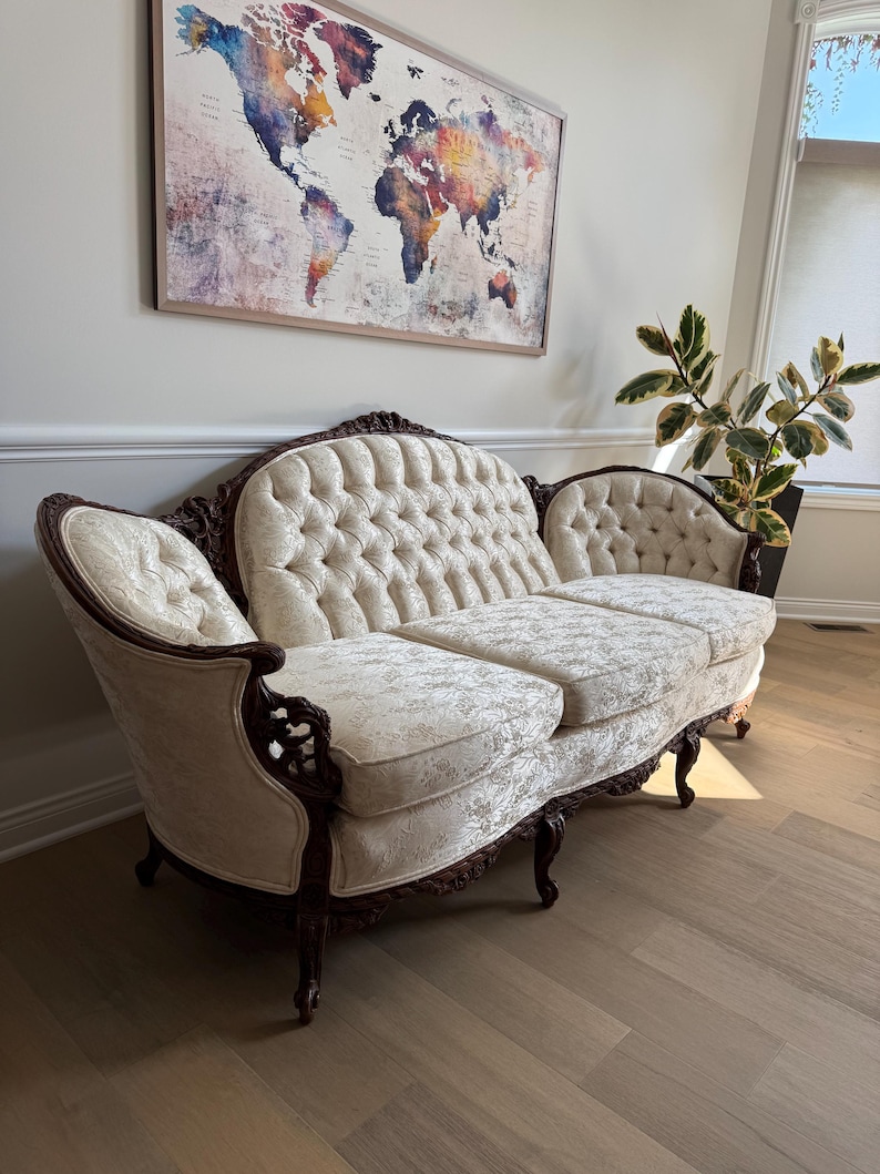 SOLD - Victorian Tufted Antique Sofa | Vintage Settee With Carved Wood ...