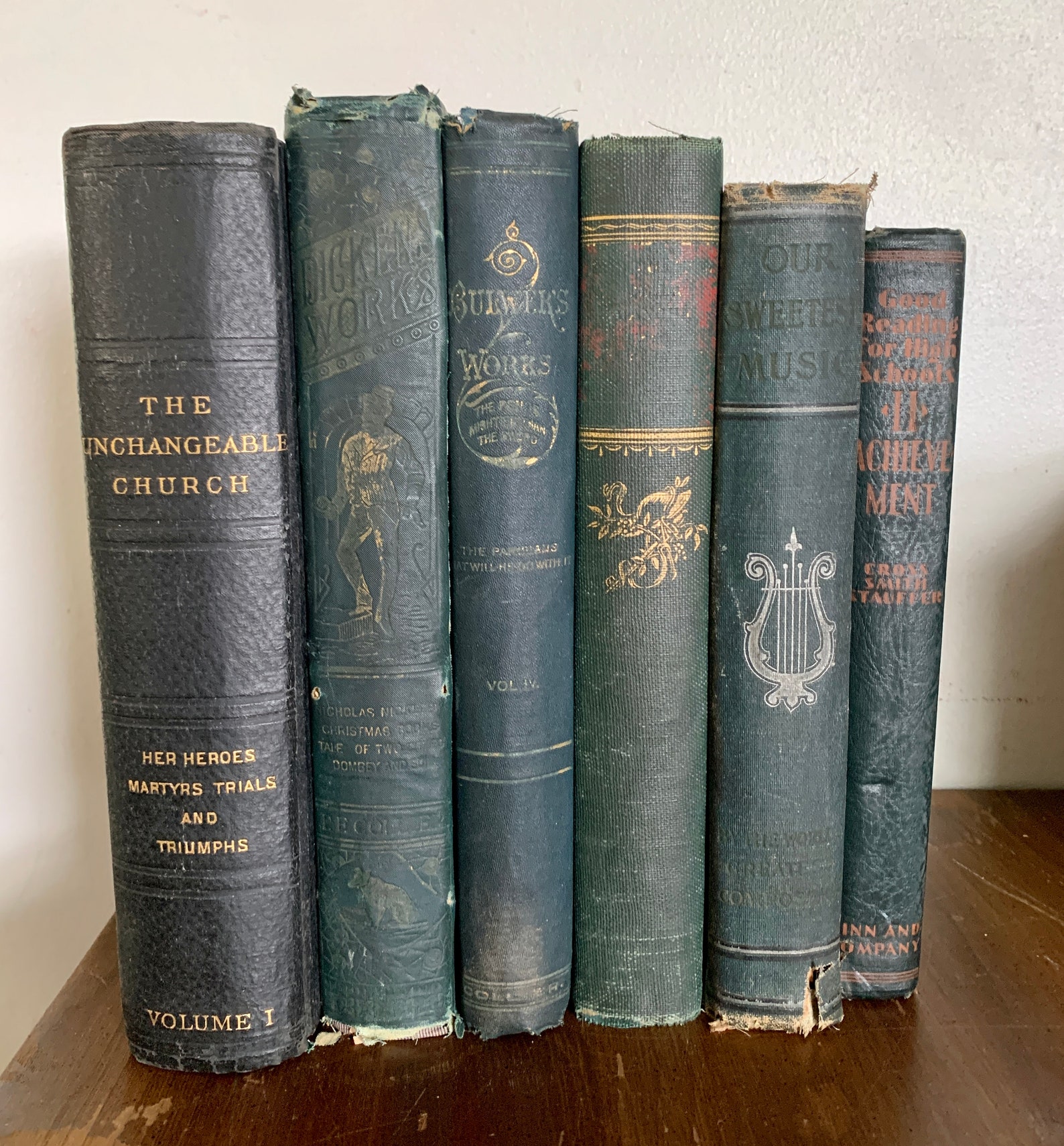 Antique Book Set: Green & Blue Vintage Hardcovers, Library Decor - Etsy