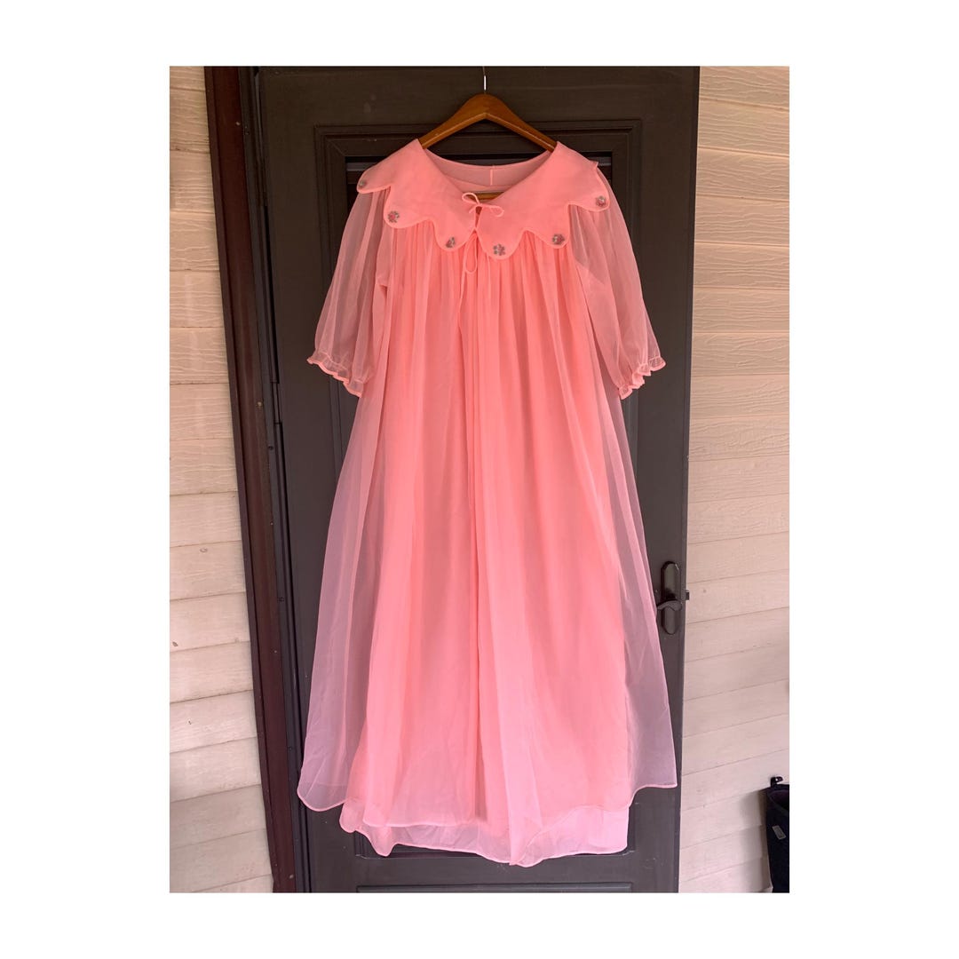 Vintage Peach Nylon Nightgown Robe Set: 1970s Sheer Lingerie, Size ...