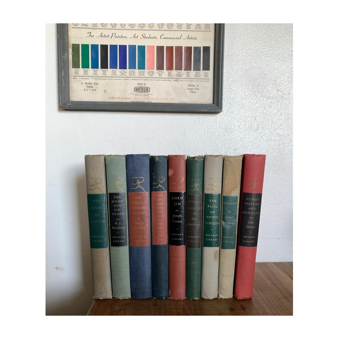 Set of Nine Vintage Books, Modern Library, Grey Tan Red and Blue, Book ...