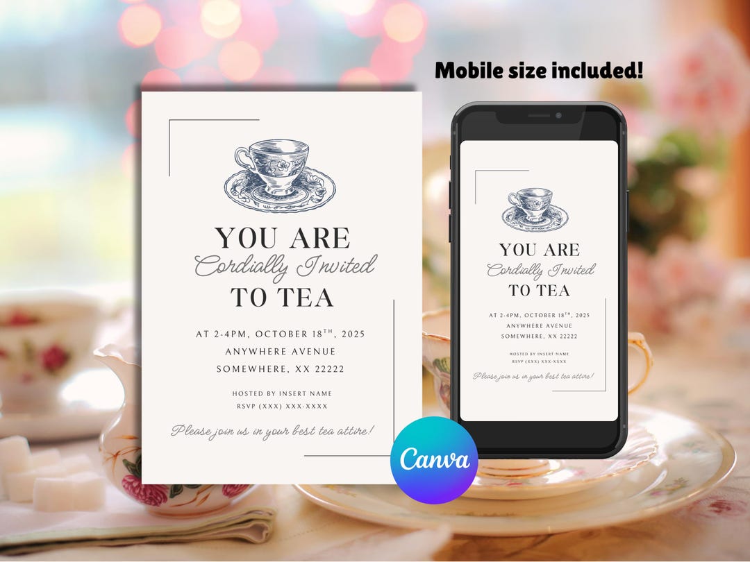 Tea Party Invitation, Editable With Canva, Cordial Tea Party Invite ...