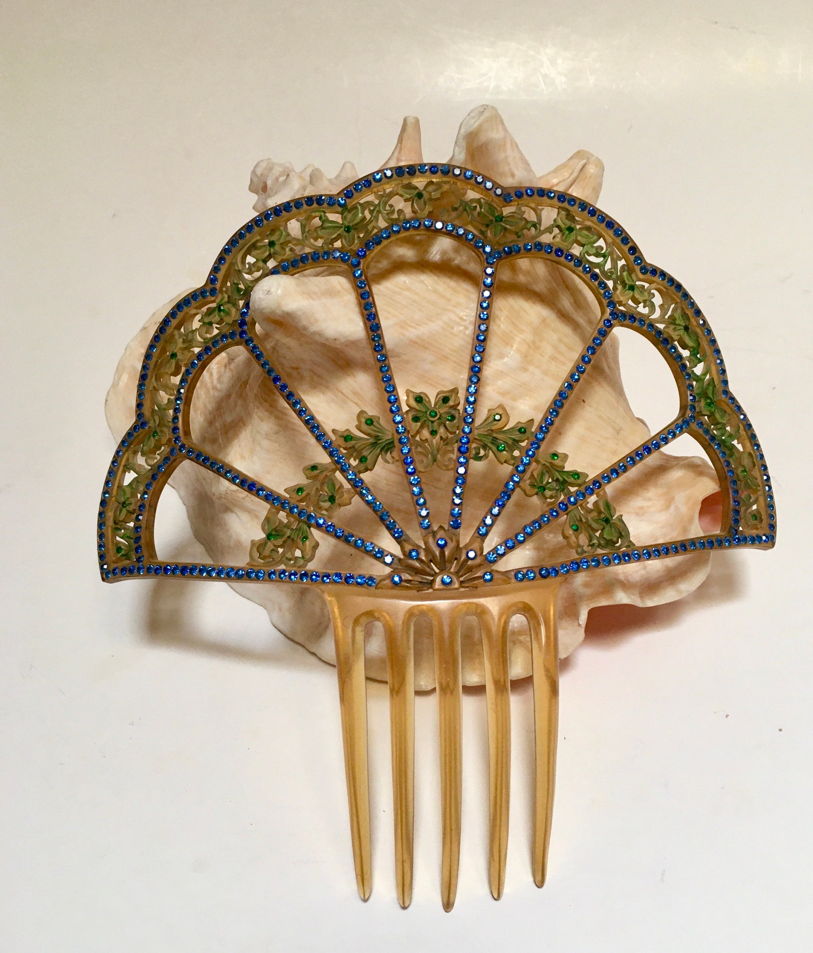 Art Deco Hair Comb Iconic Styling Celluloid With Blue & Green - Etsy