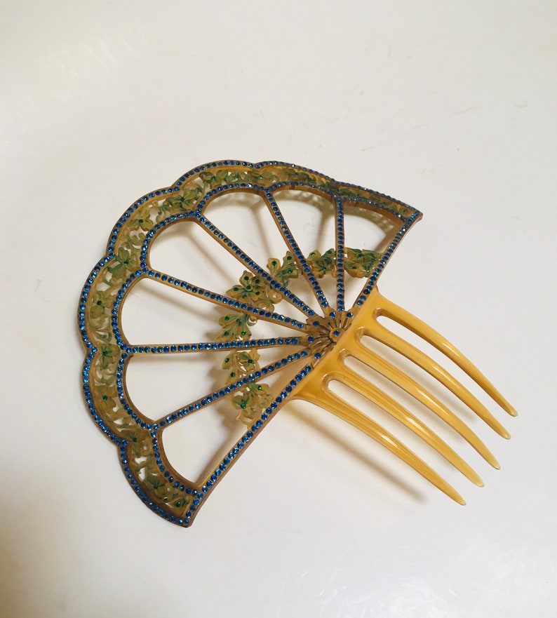 Art Deco Hair Comb Iconic Styling Celluloid With Blue & Green - Etsy