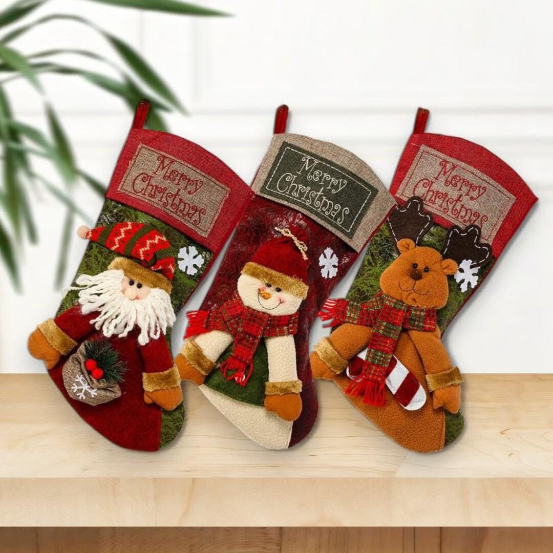 Set of 3D Snowman Santa Reindeer Christmas Large Stockings Family ...