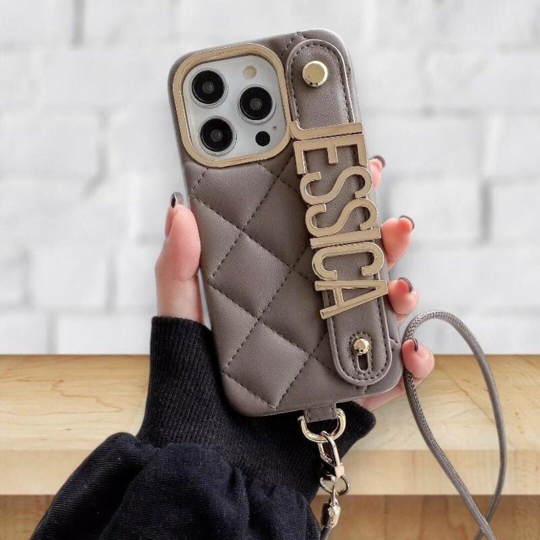 Personalized Name Rhomb Leather Phone Case With Custom Lanyard Custom ...