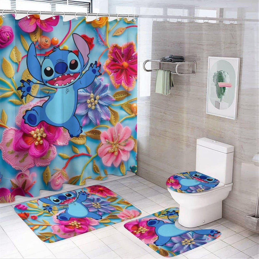 Stitch, Disney Stitch Shower Curtain Set With 3 Rugs - Etsy