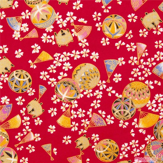 Japanese Red Cotton Fabric With Gold Metallic Details Fans | Etsy