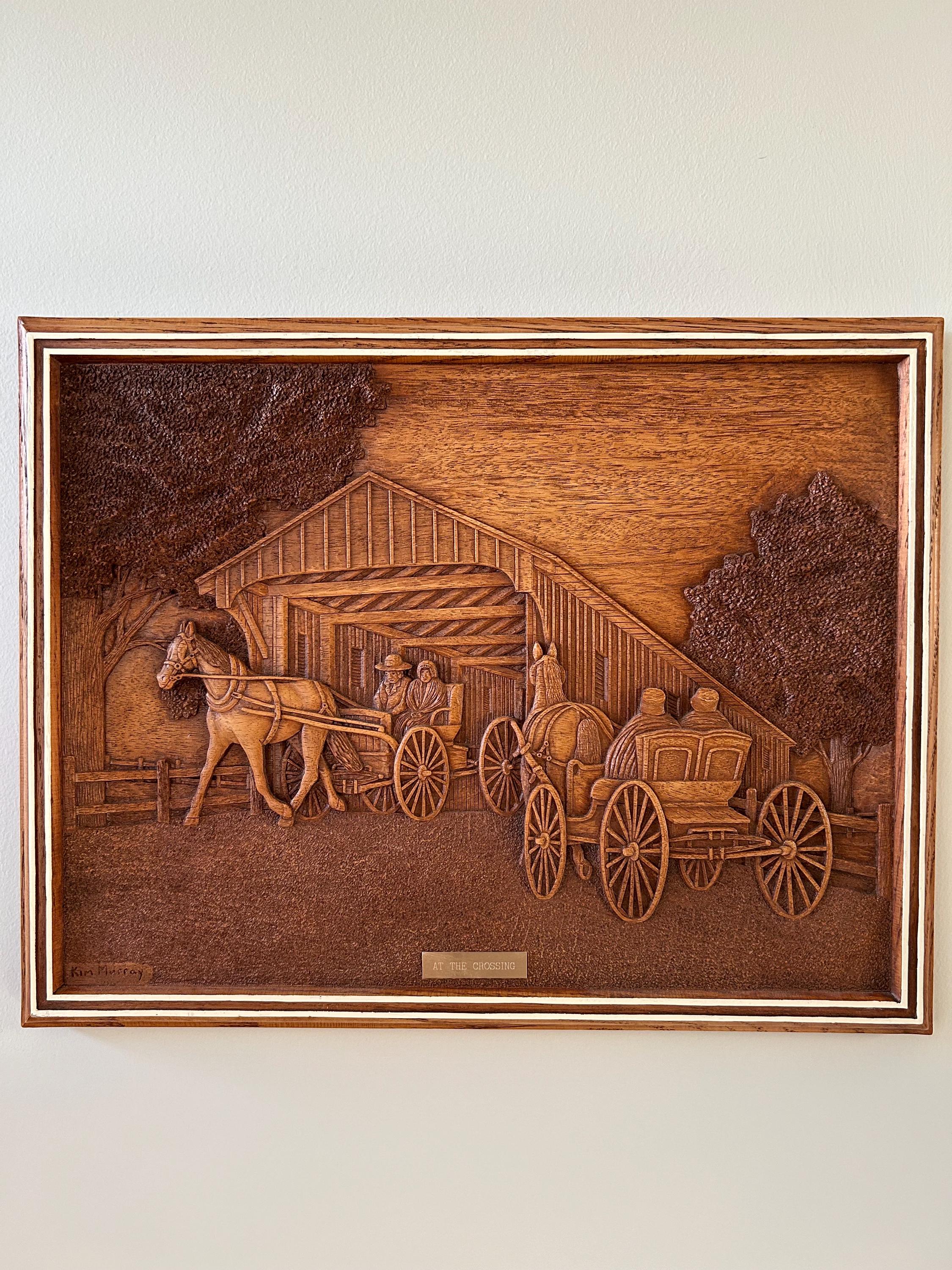 Vintage Kim Murray Wood Carved Wall Sculpture – “at the Crossing” – Mid ...