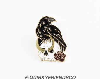 Raven Crow Enamel Pin W/ Blue Flowers Vintage Lapel Pin Cute Enamel Pin ...