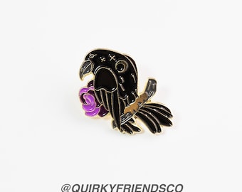 Raven Crow Enamel Pin W/ Blue Flowers Vintage Lapel Pin Cute Enamel Pin ...
