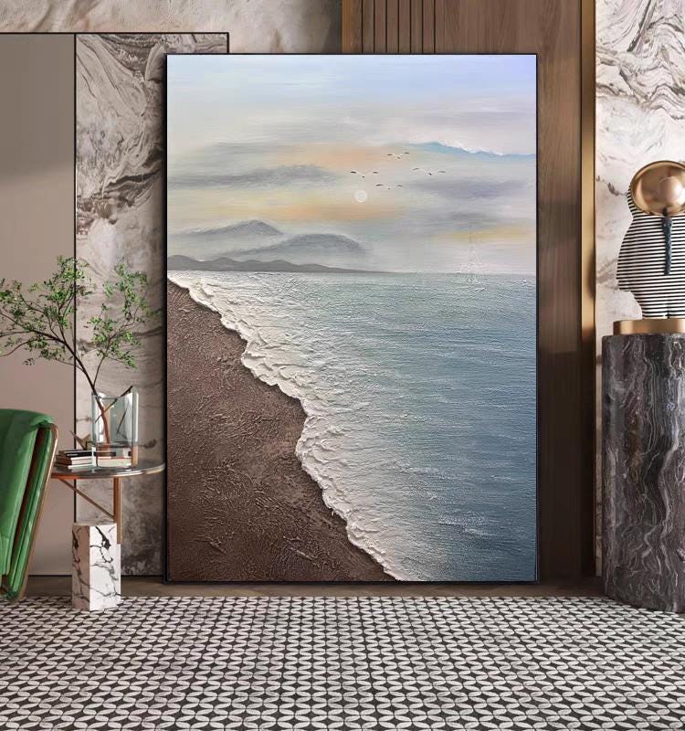 Large Original Seaview Painting on Canvas Sunrise Brown Beach Wall Art ...