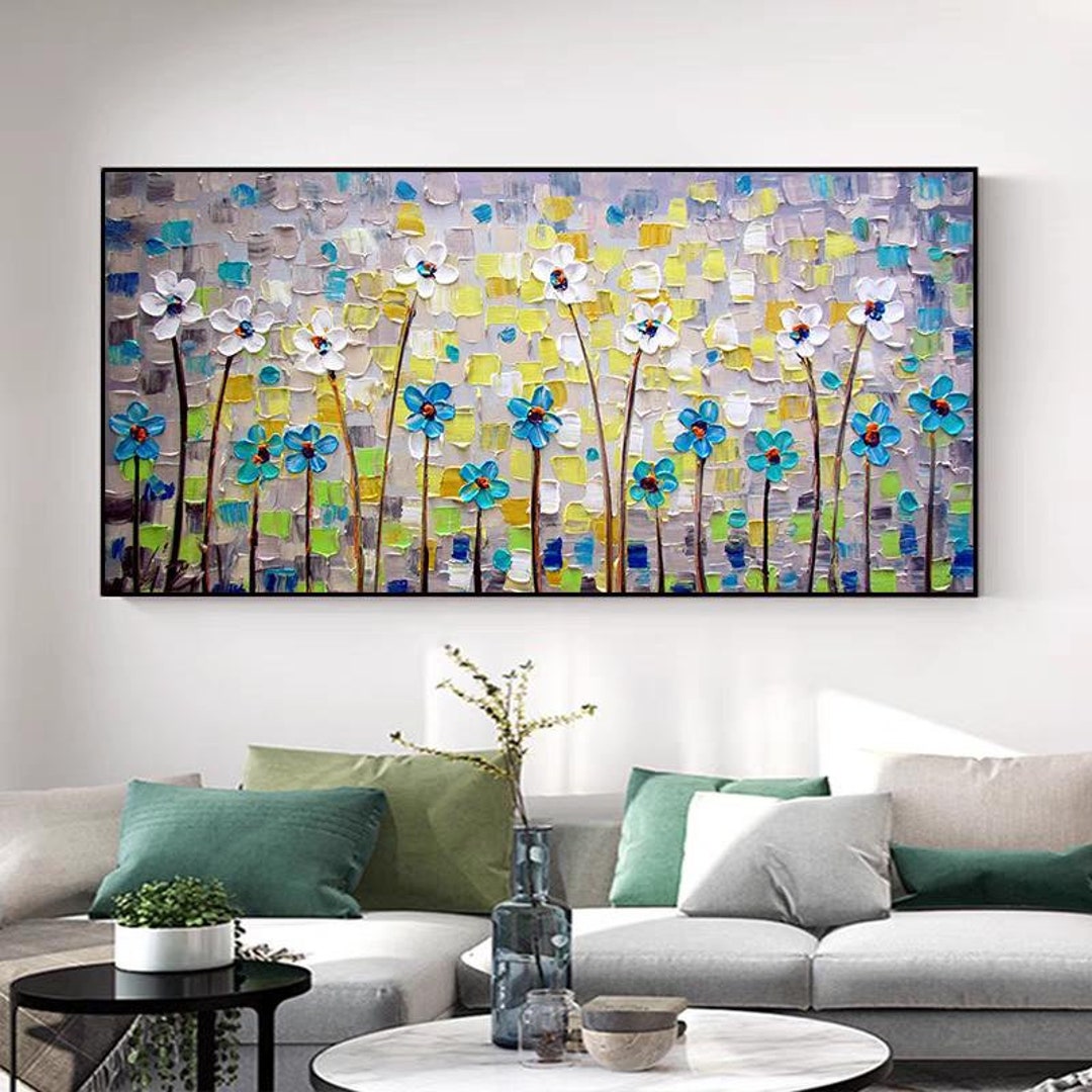 Vivid Daisy Meadow Painting, Blight White Blue Floral Wall Art ...
