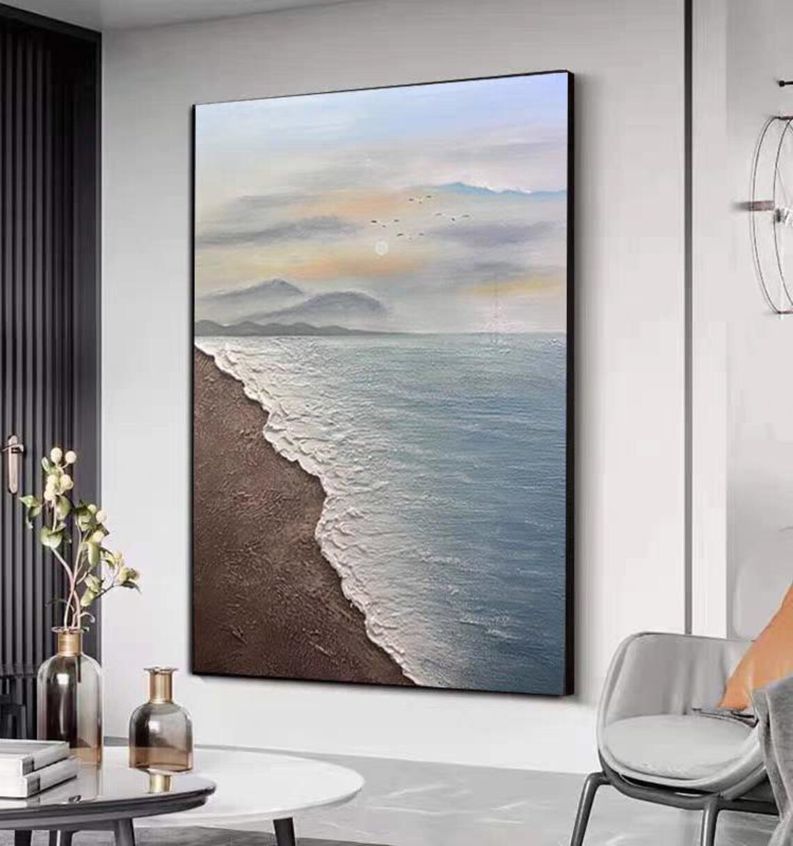 Large Original Seaview Painting on Canvas Sunrise Brown Beach Wall Art ...