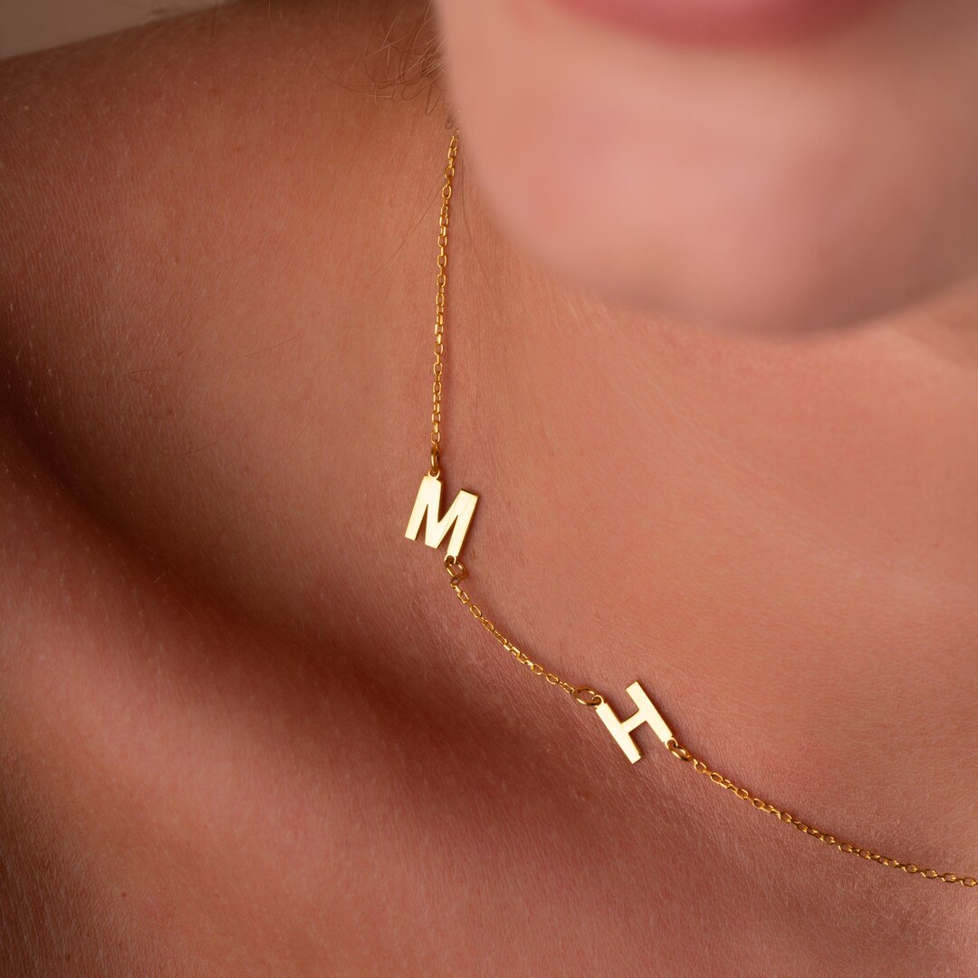 14k Gold Tiny Initial Necklace, Personalized Sideaways Letter Necklace ...