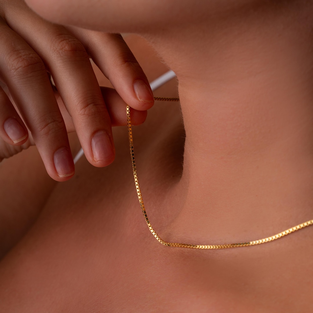 18k Gold Box Chain Necklace, Round Box Chain Necklace, Layering Box ...