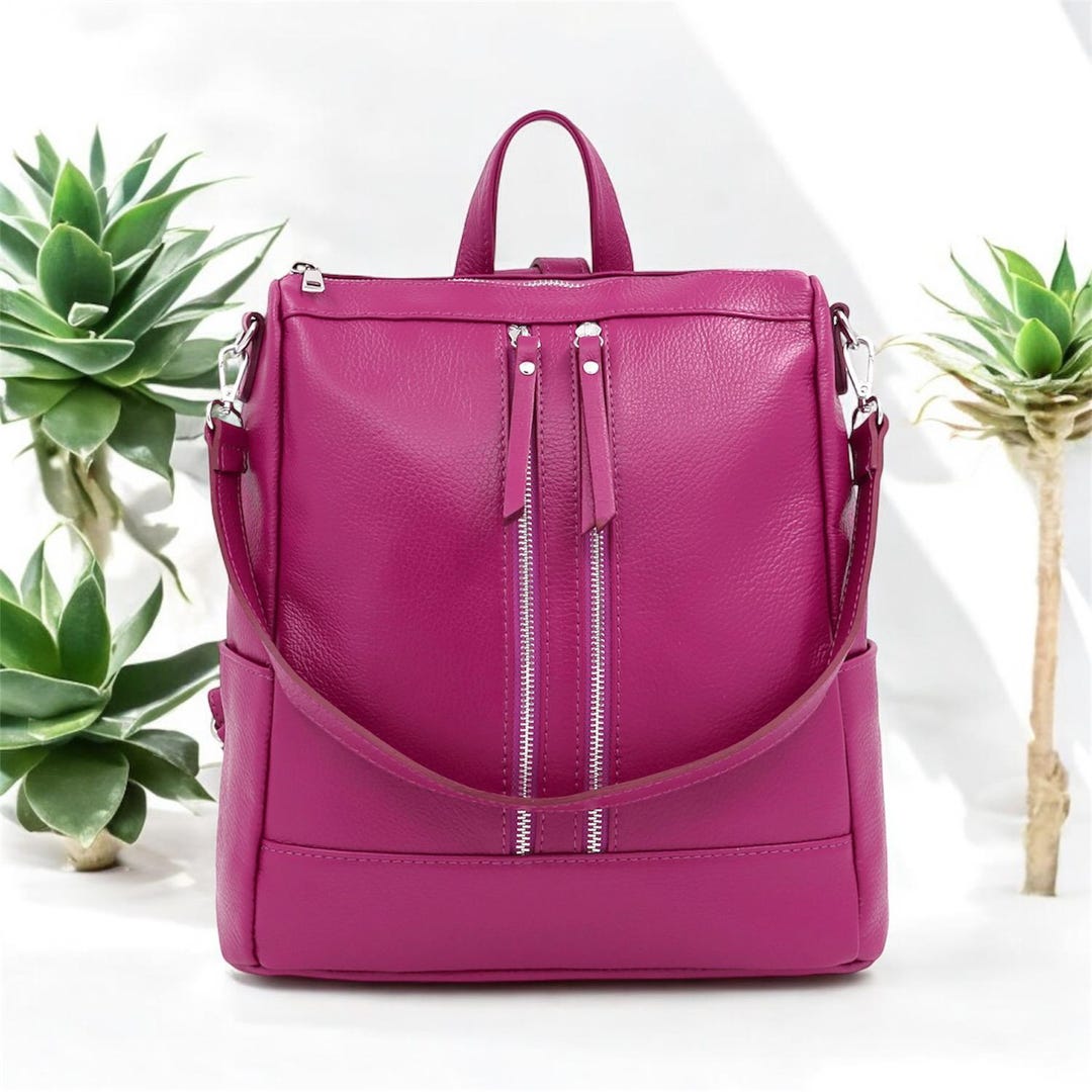 Convertible 2 in 1 Backpack for Women,stylish Fuchsia Genuine Leather ...