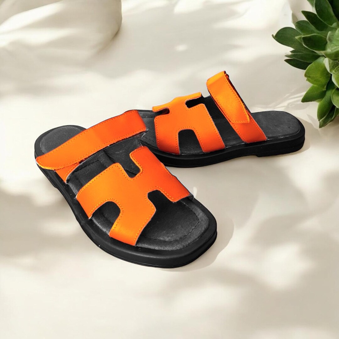 Stylish Modern Leather Sandals,velcro Strap,orange Flat Slides,leather ...