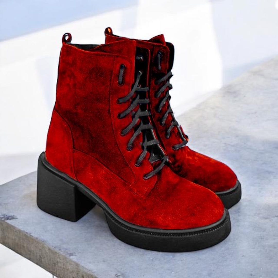 Red Ankle Boots With Zipper and Laces,women's Suede Boots,comfortable ...
